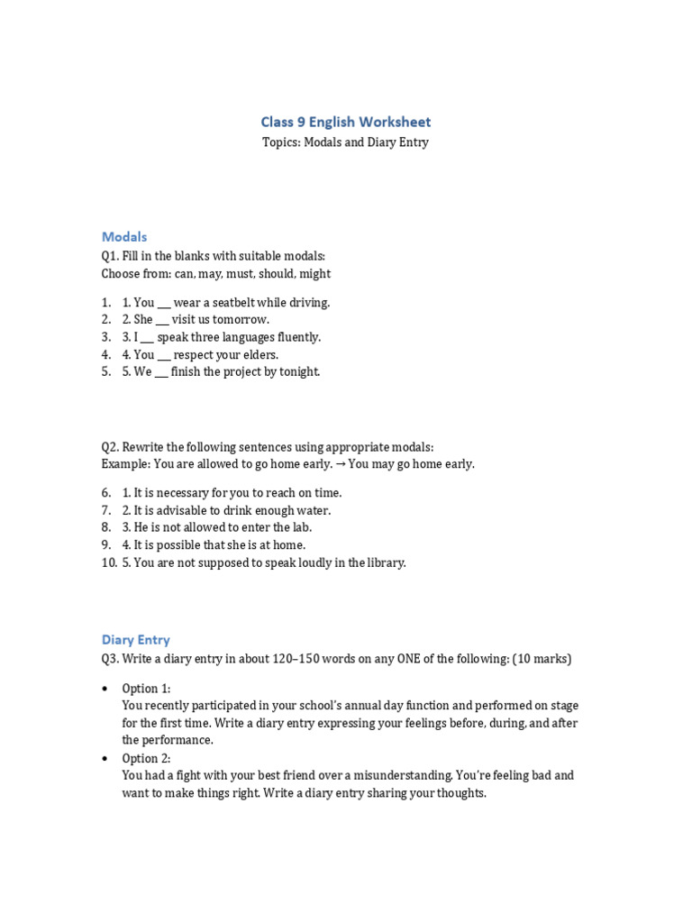 Class 9 English Worksheet Modals Diary Entry Updated | PDF