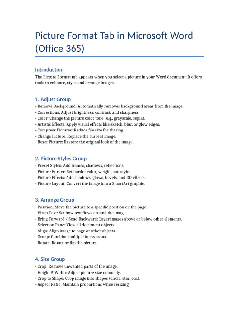 Picture Format Tab Overview in Word | PDF