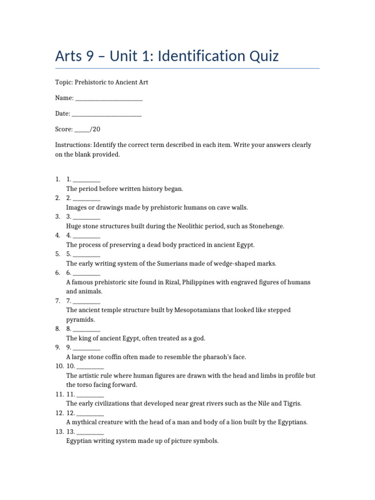 Arts 9 Unit 1 Identification Quiz | PDF | Ancient Egypt | Mesopotamia