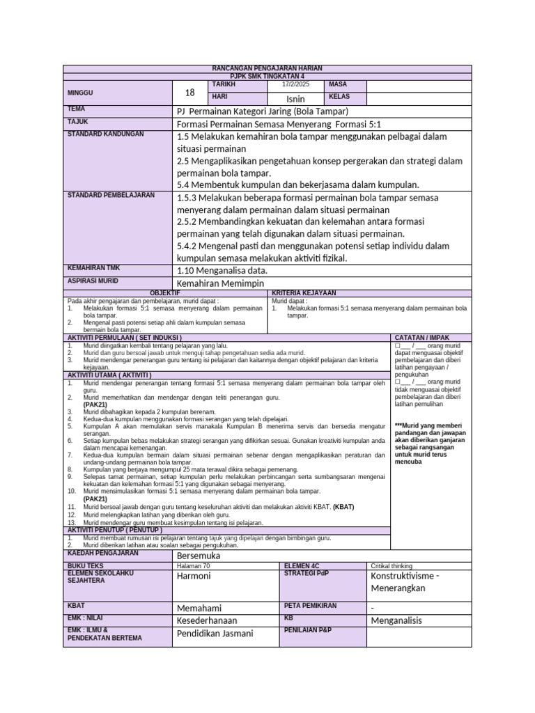 RPH Minggu 18 PJPK SMK Tingkatan 4 2025 by Cikgu Gorgeous | PDF