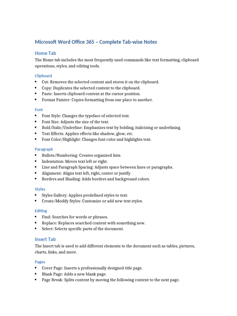 MS Word Office 365 Complete Tabs Notes | PDF | Microsoft Word | Hyperlink