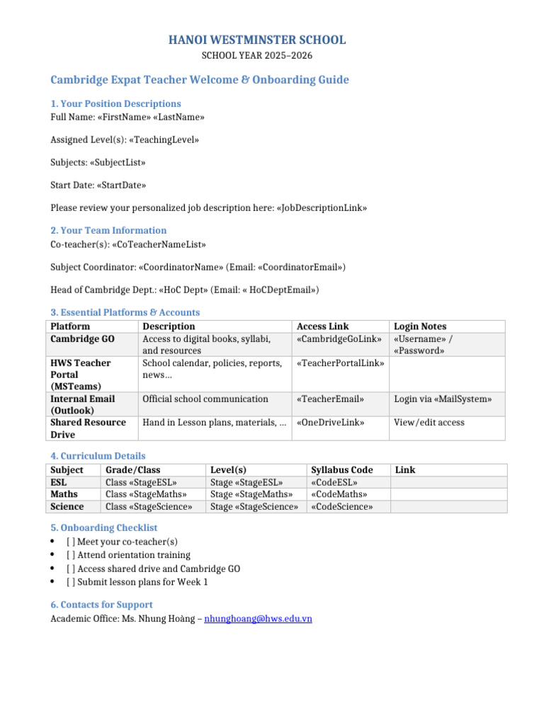 HWS Cambridge Teacher Onboarding Template | PDF