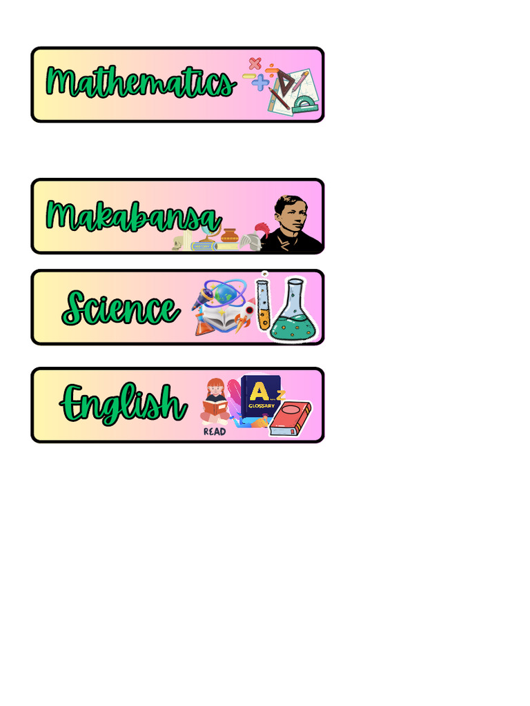 School Subjects Folder Labels in Blue and Green Illustrative Style ...