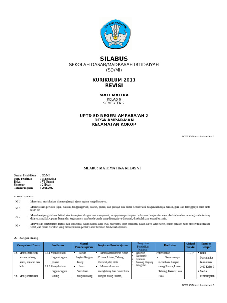 Silabus Matematika Kelas 6 Sem 2 | PDF