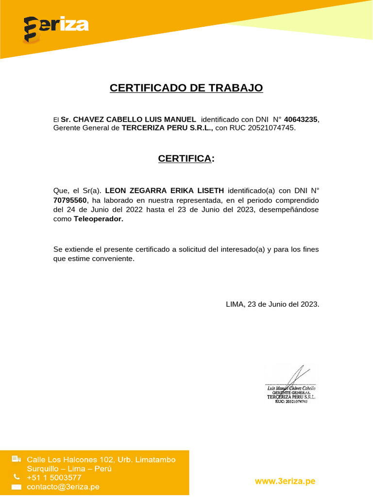 Leon Zegarra Erika Liseth - Certif.trabajo | PDF