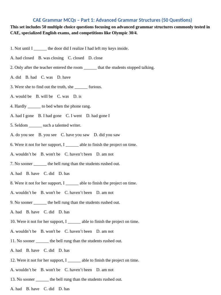 CAE Grammar MCQs Full 50 | PDF | Verb | Multiple Choice