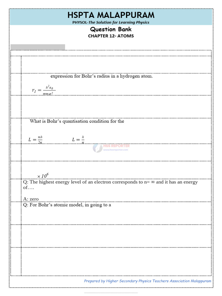 Class 12 Physics: Atoms Question Bank | PDF | Atoms | Spectral Line