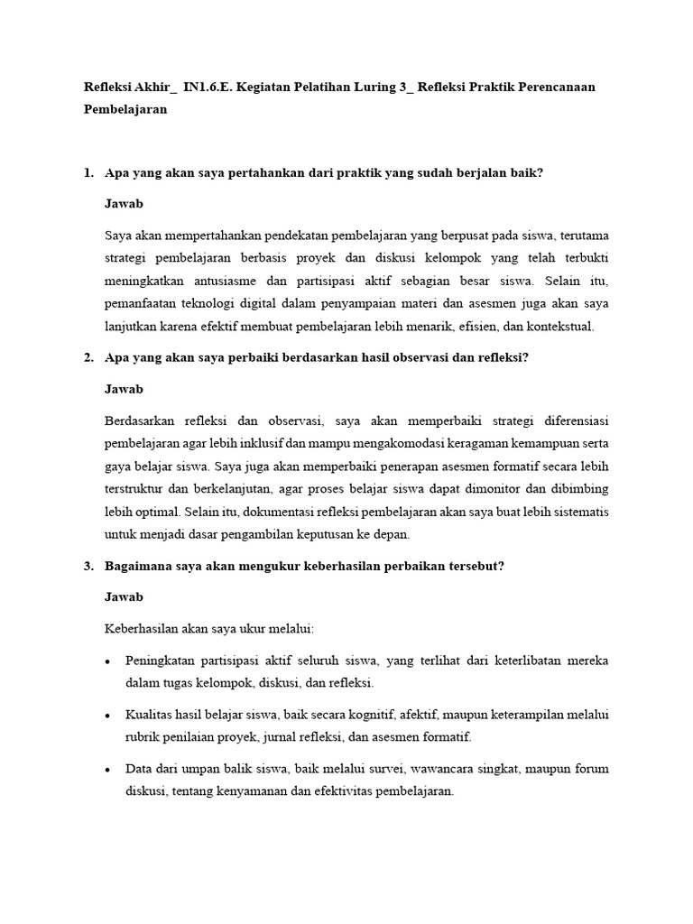 Refleksi Perbaikan Praktik Pembelajaran | PDF