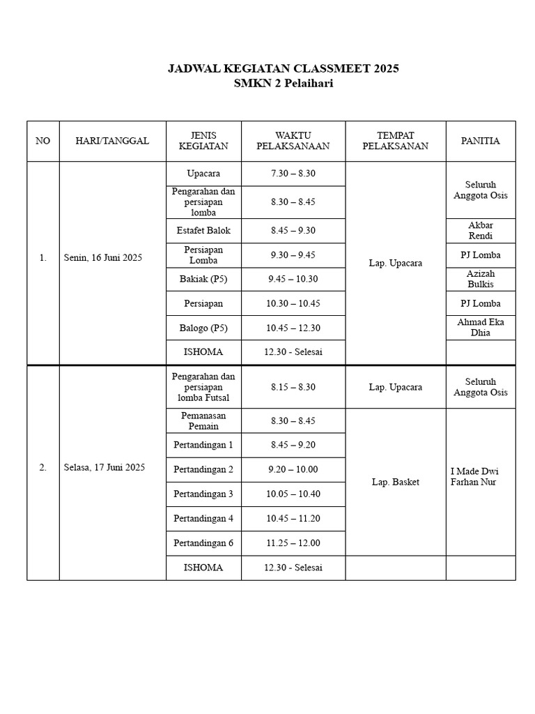 Jadwal Kegiatan Classmeet 2025 | PDF