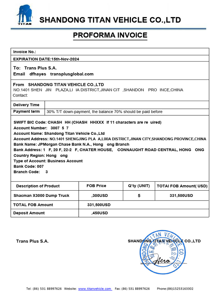 Proforma Invoice - SHACMAN 8X4 Dump Truck - Titan Janice-4 | PDF ...