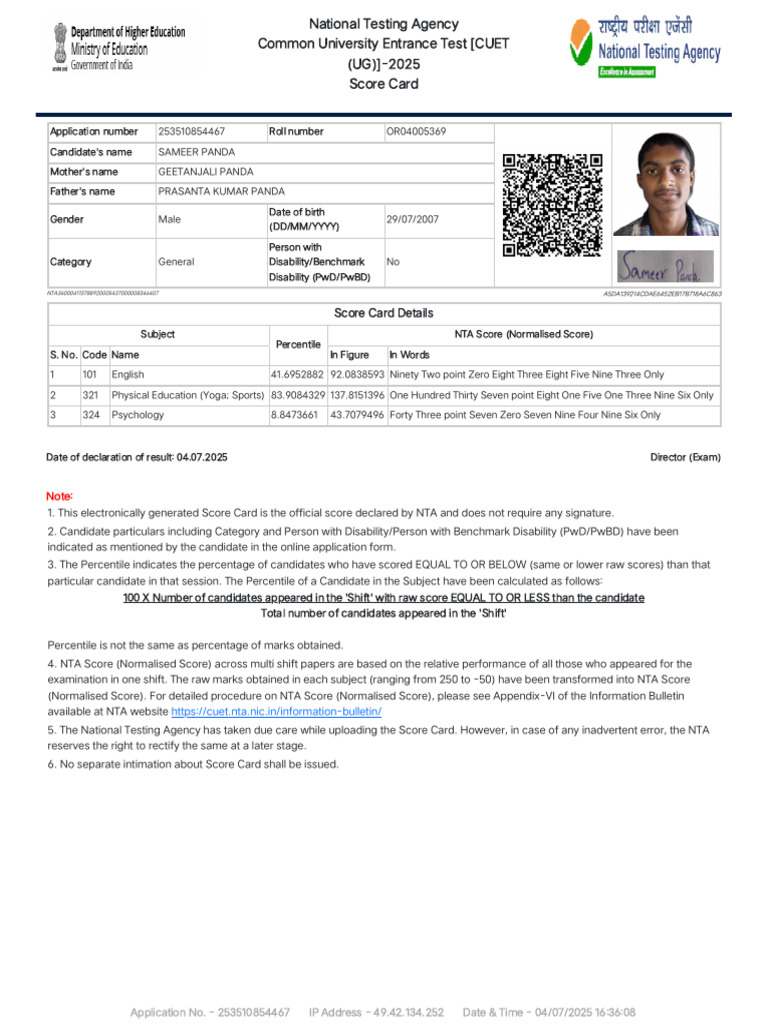 CUET (UG) 2025 Score Card Details | PDF | Qualifications | Tests