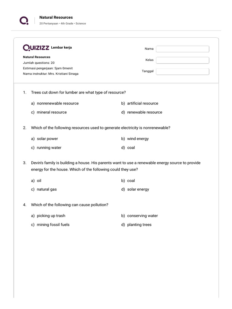 4th Grade Natural Resources Quiz | PDF | Compost | Waste