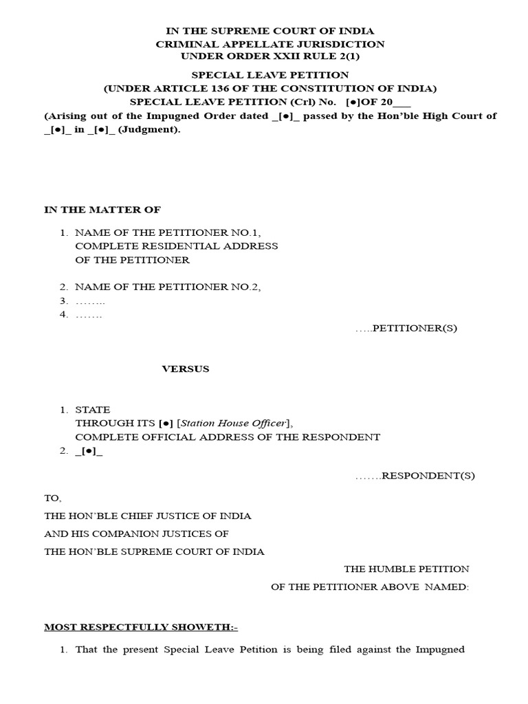 Special Leave Petition for Criminal Bail | PDF | Bail | Legal Procedure