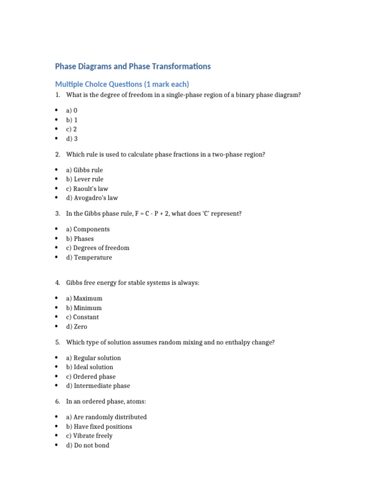 Phase Diagrams MCQs | PDF | Mechanical Engineering | Materials Science