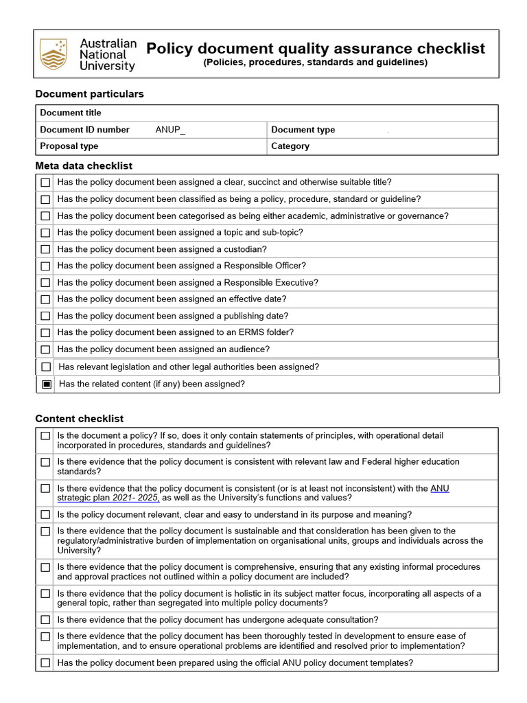 Policy Document Quality Assurance Checklist | PDF | Policy | Evidence