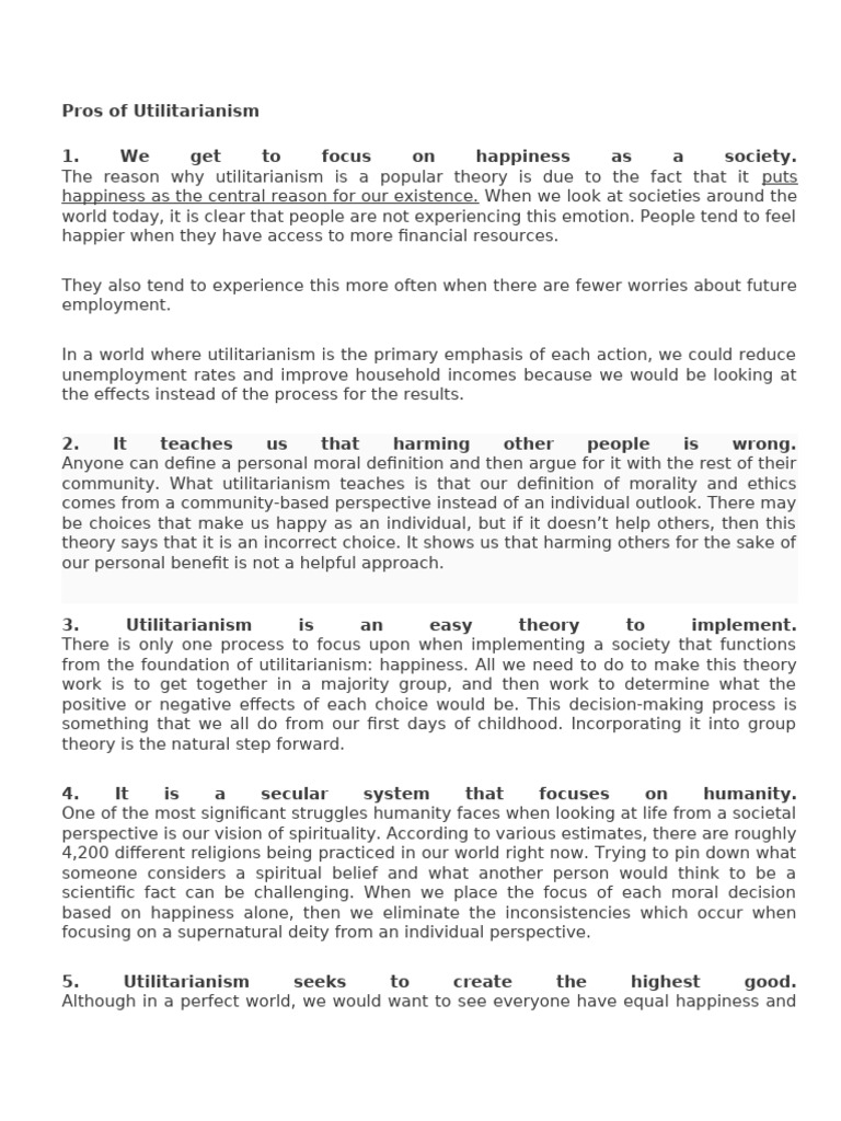 Pros - Cons of Utilitarianism | PDF | Utilitarianism | Happiness