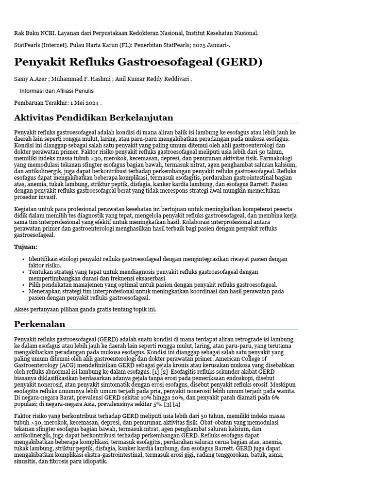 Penyakit Refluks Gastroesofageal (GERD) - StatPearls - NCBI Bookshelf | PDF