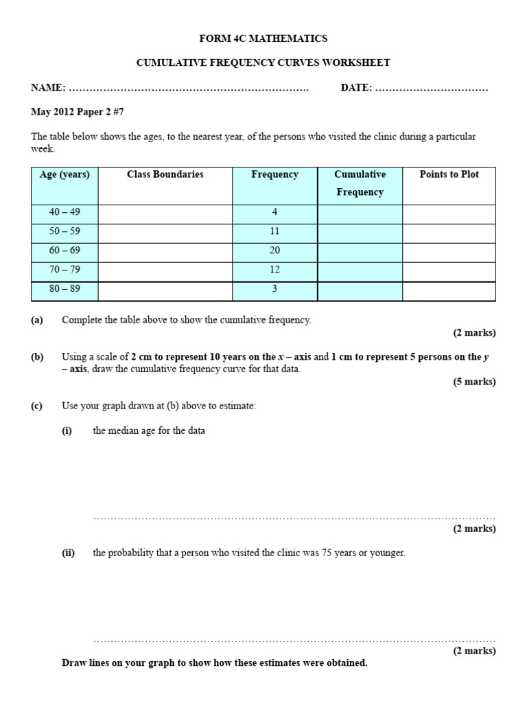 Cumulative Frequency Curve Worksheet | PDF