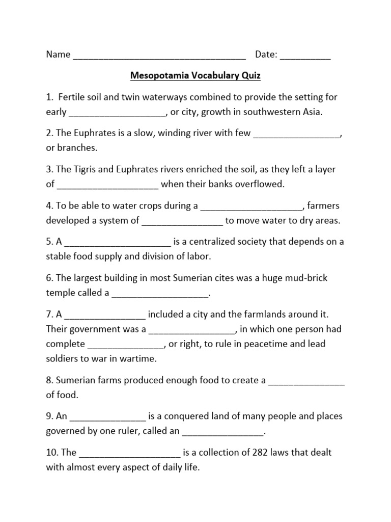 Mesopotamia Vocabulary Quiz Guide | PDF | Sumer | Euphrates