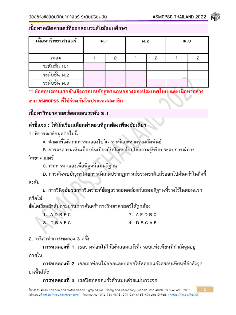 แนวข้อสอบ ASMOPSS 2022 Thai วิทย์ ม.1 - 3 | PDF