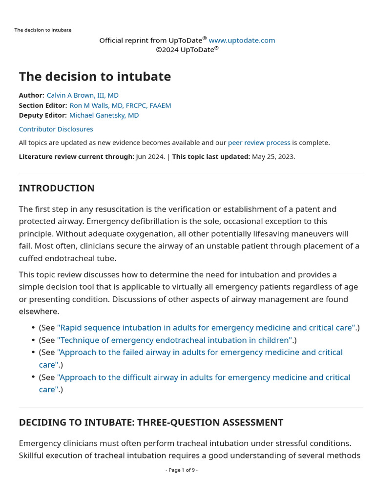 The Decision To Intubate | PDF | Breathing | Medical Specialties