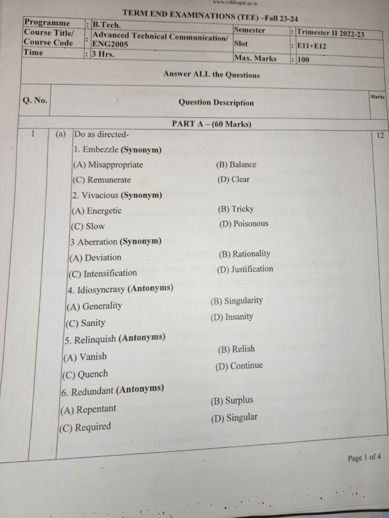 Previous Year Papers Vit | PDF