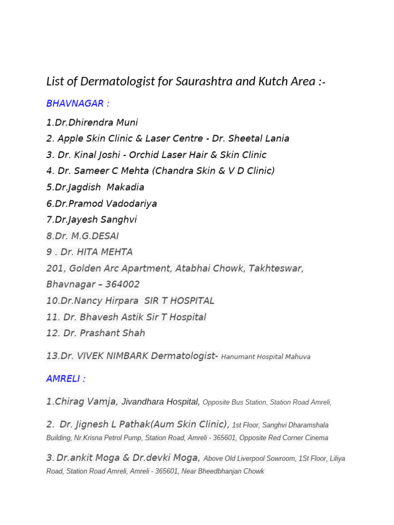 List of Dermatologist For Saurashtra and Kutch Area | PDF | Integumentary System | Dermatology