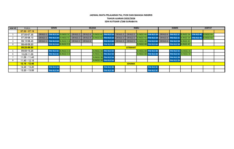 Jadwal Mapel Pai, Pjok Dan Bing | PDF