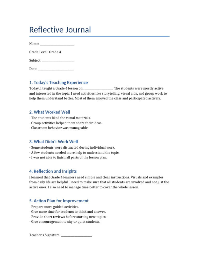 Grade 4 Reflective Journal Template | PDF