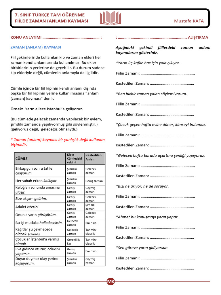 SINIF - Fiilde Zaman Anlam Kayması (TAM ÖĞRENME) | PDF