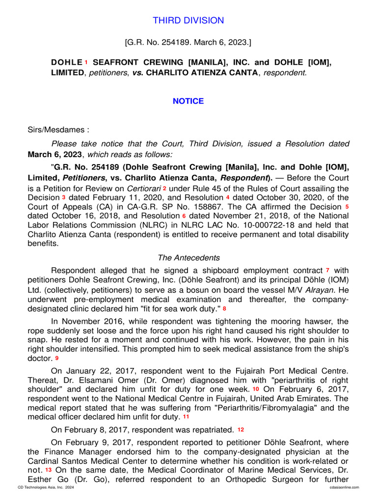 8.) Dohle Seafront Crewing (Manila), Inc. v. Canta | PDF | Physical ...