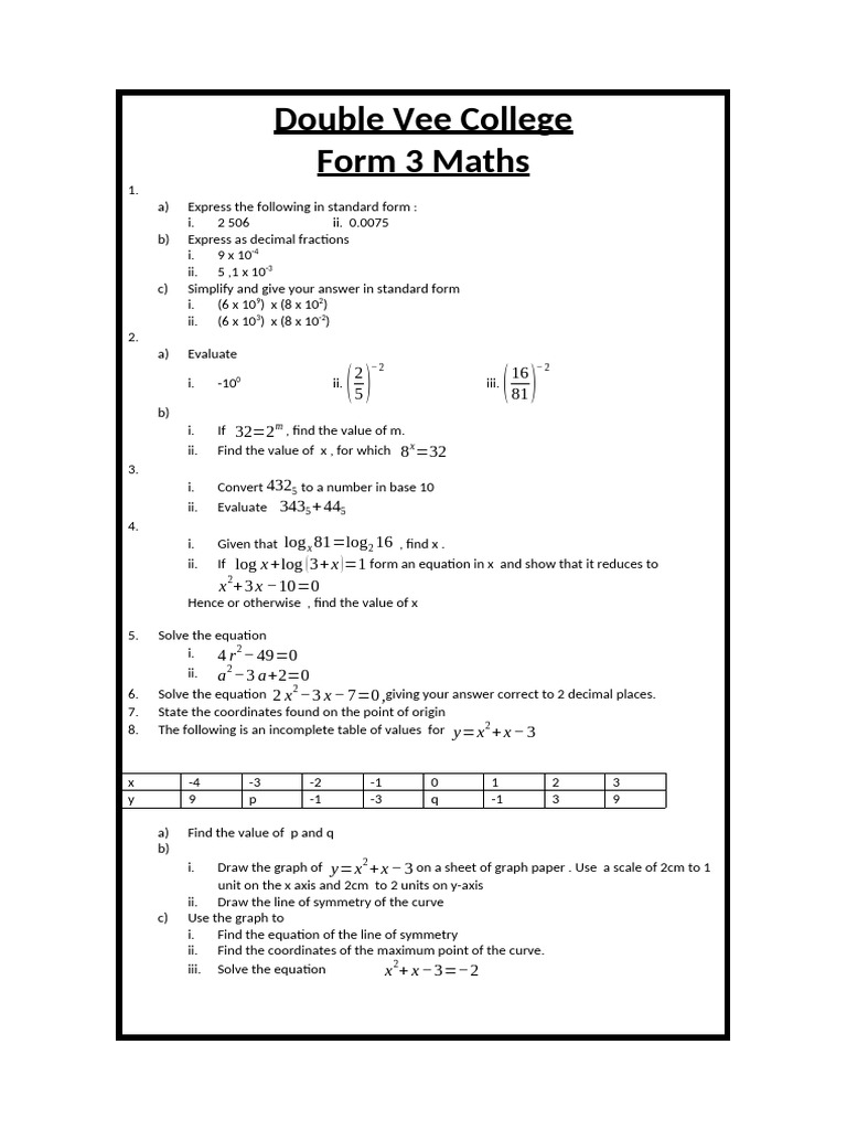 Form 3 Maths Standard Form Exercises | PDF