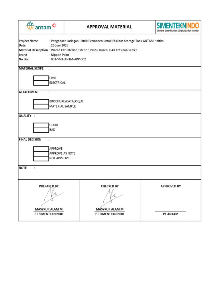 001-SMT-ANTM-APP-002 Approval Material Cat Interior, Exterior, Pintu ...