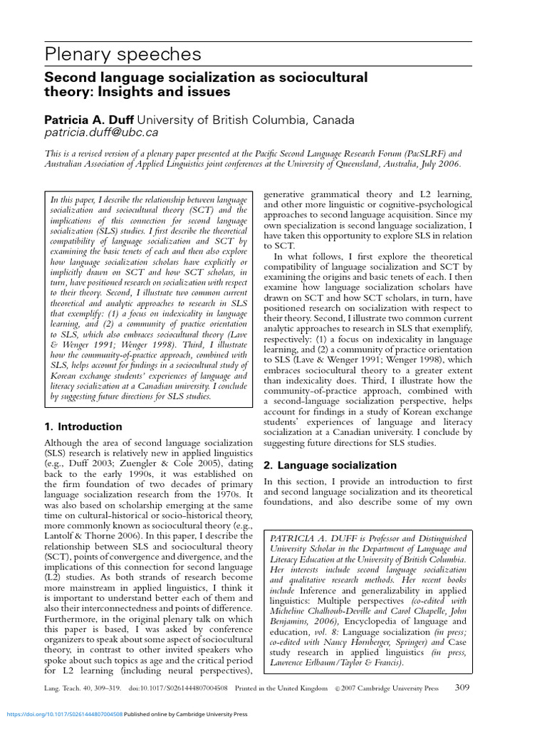 Second Language Socialization As Sociocultural Theory Insights and Issues | PDF | Second ...