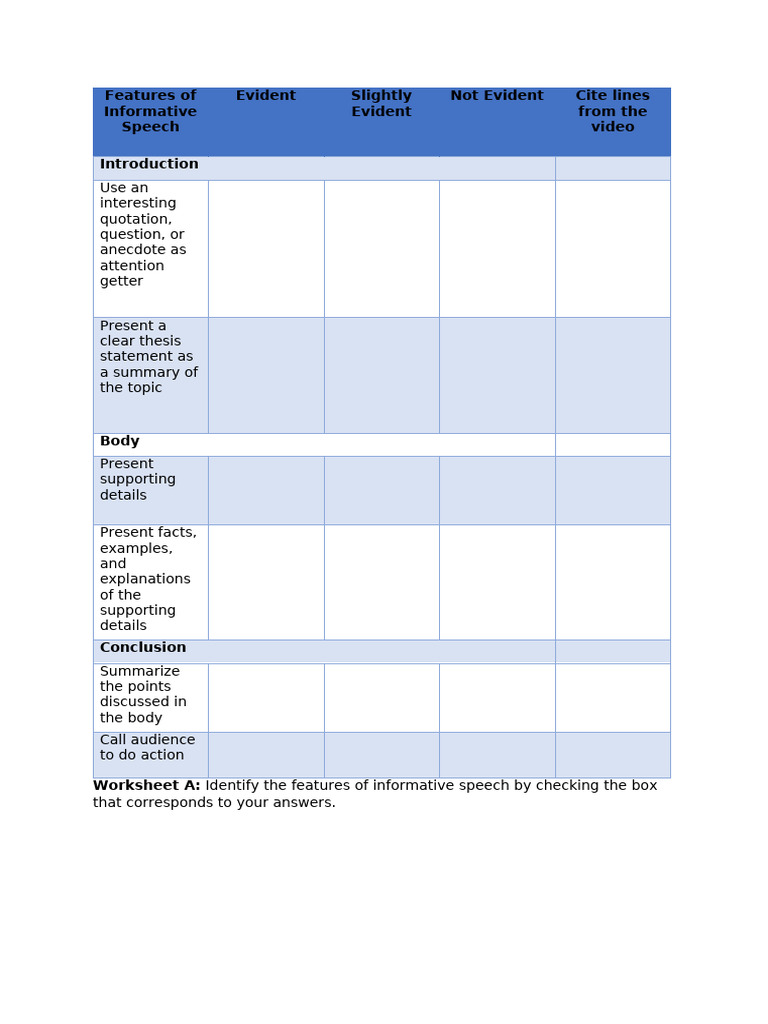 Informative Speech Worksheets | PDF