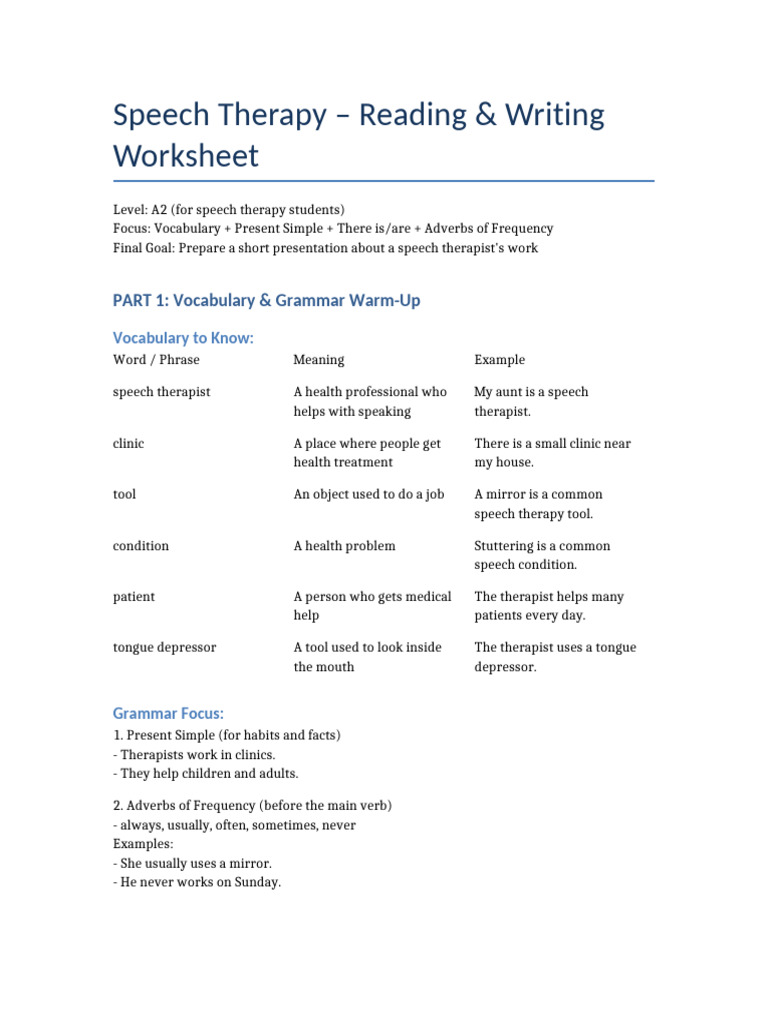 Speech Therapy Worksheet | PDF | Speech | Patient