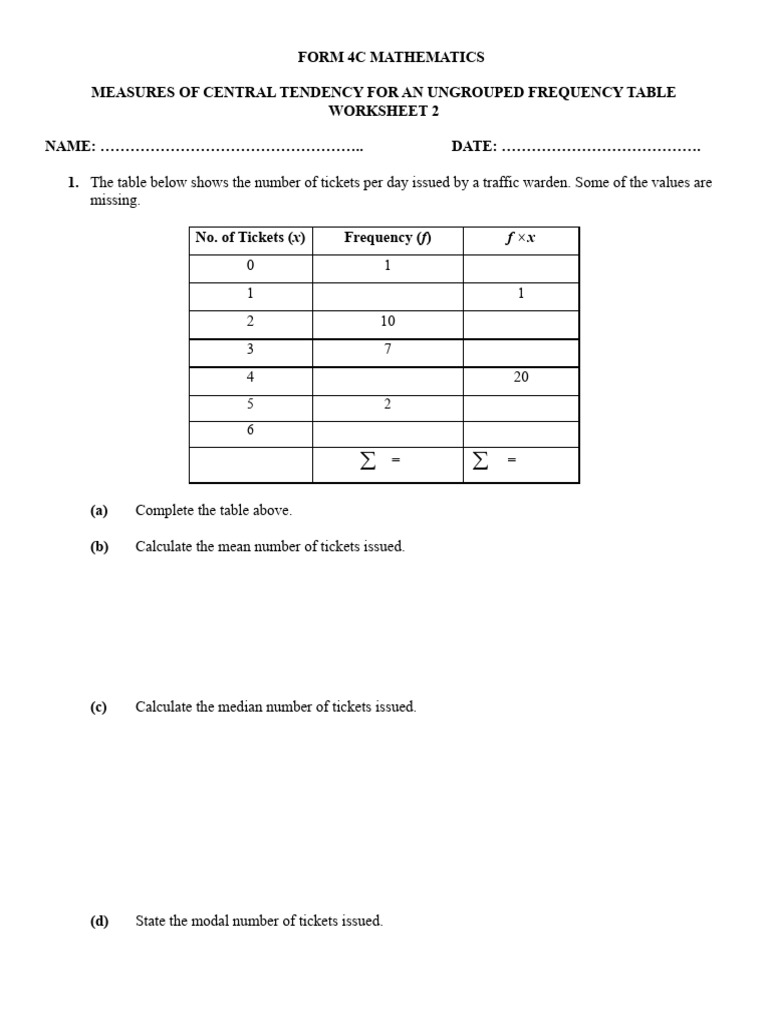 Measures of Central Tendency For An Ungrouped Frequency Table Worksheet ...