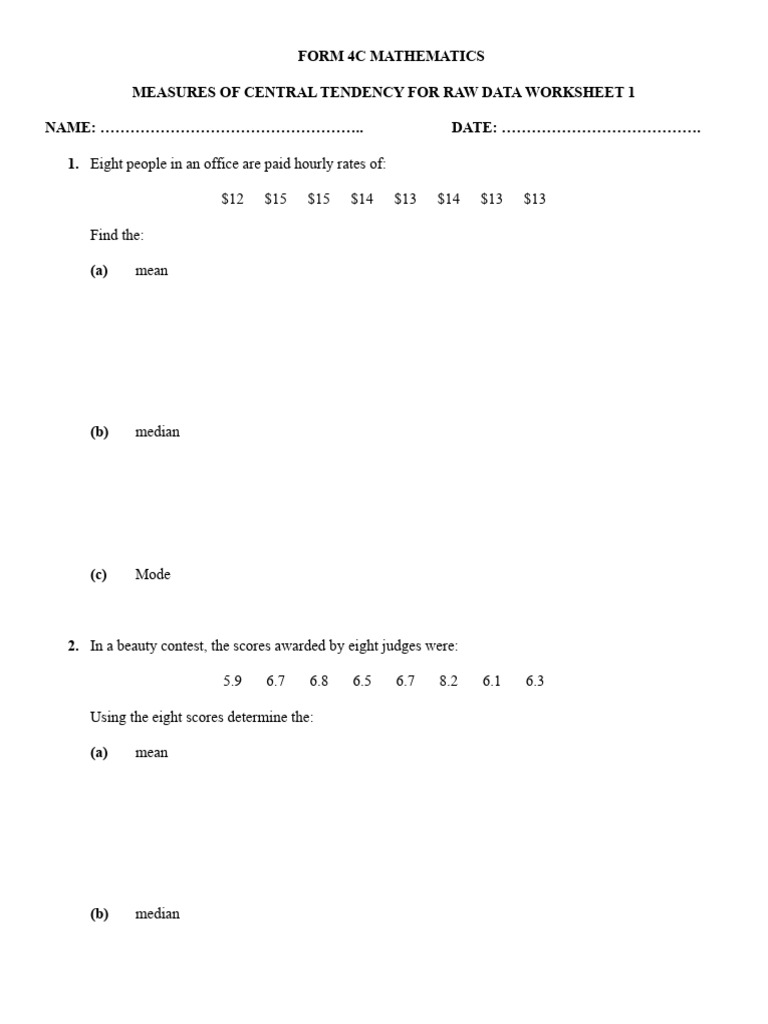 Measures of Central Tendency For Raw Data Worksheet 1 | PDF