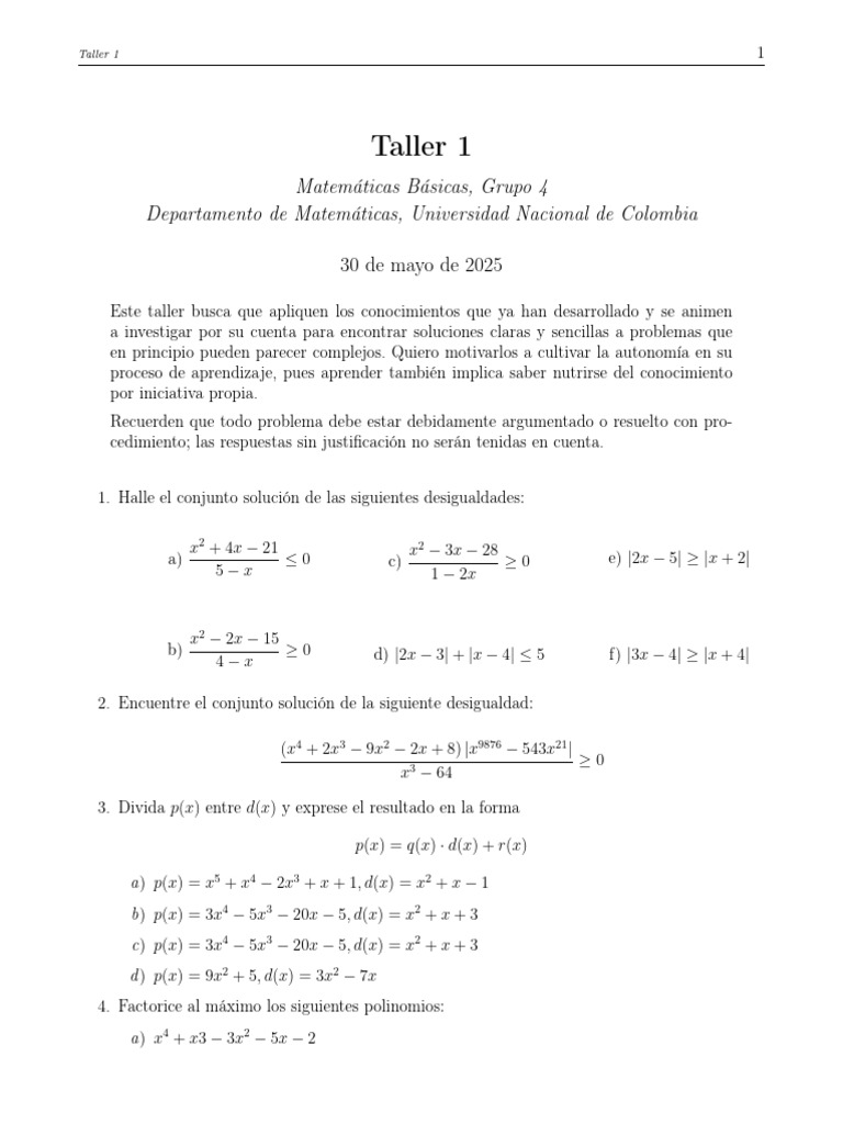 Taller 1 Matemáticas Básicas | PDF | Matemáticas | Álgebra