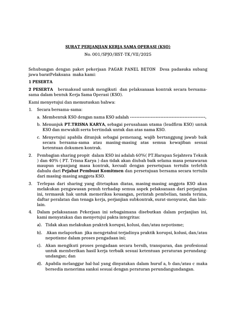 Draft Surat Perjanjian Kerja Sama Operasi Kso HST Dan TK | PDF