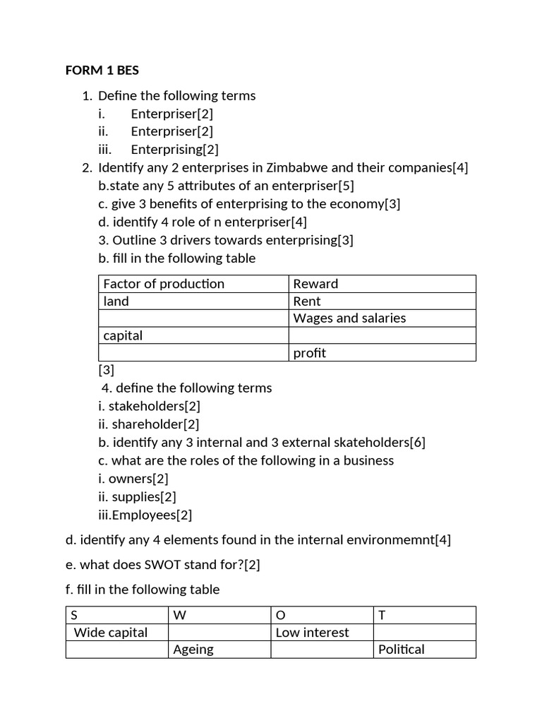 BES Form: Enterprising Concepts | PDF