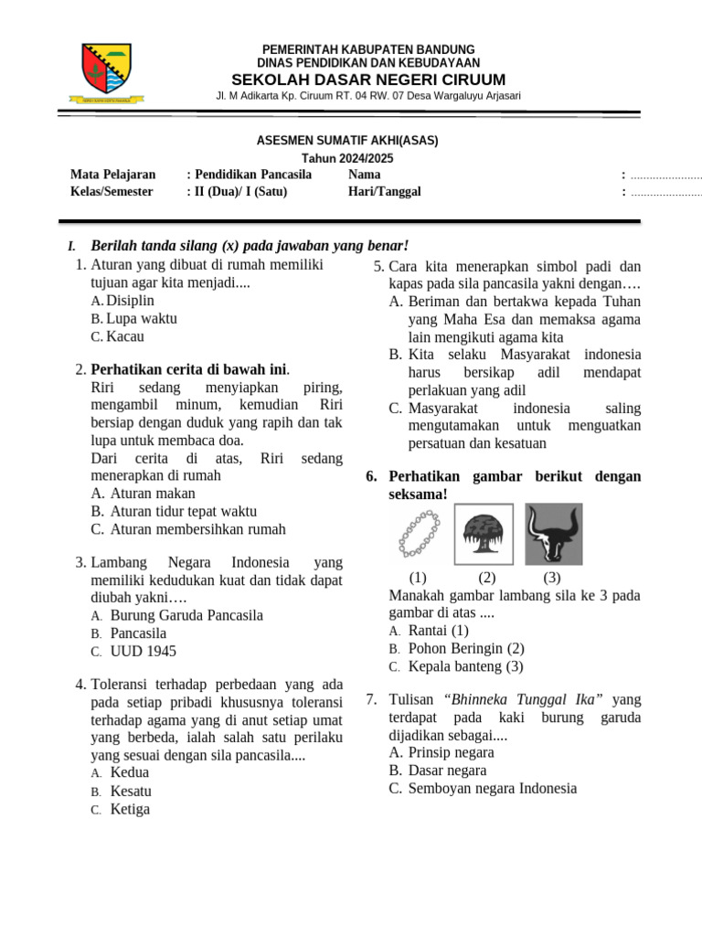 Soal - Pend. Pancasila Kelas 2 - SMT 1 - 2024 | PDF