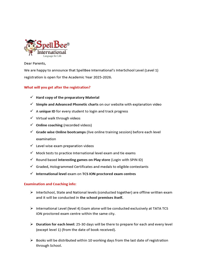 Spellbee International's Circular For Level 1 Registration - Offline | PDF
