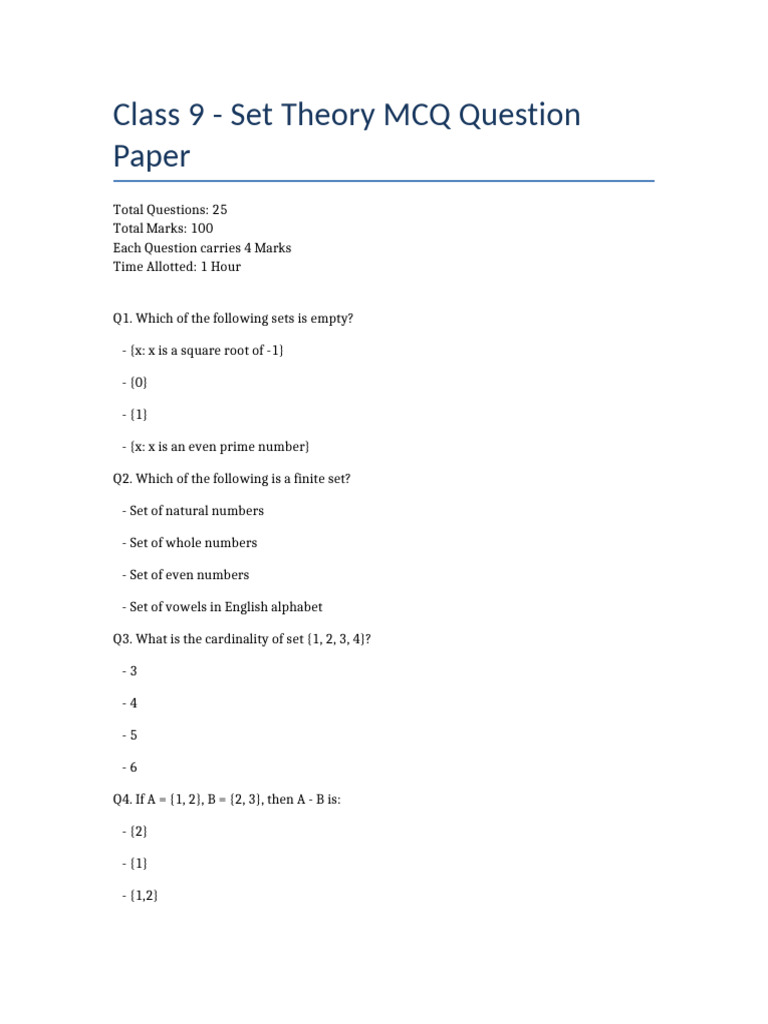 Class 9 Set Theory MCQ Question Paper | PDF | Intersection (Set Theory) | Empty Set
