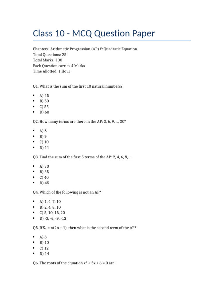 Class 10 AP Quadratic MCQ Question Paper | PDF | Discrete Mathematics ...