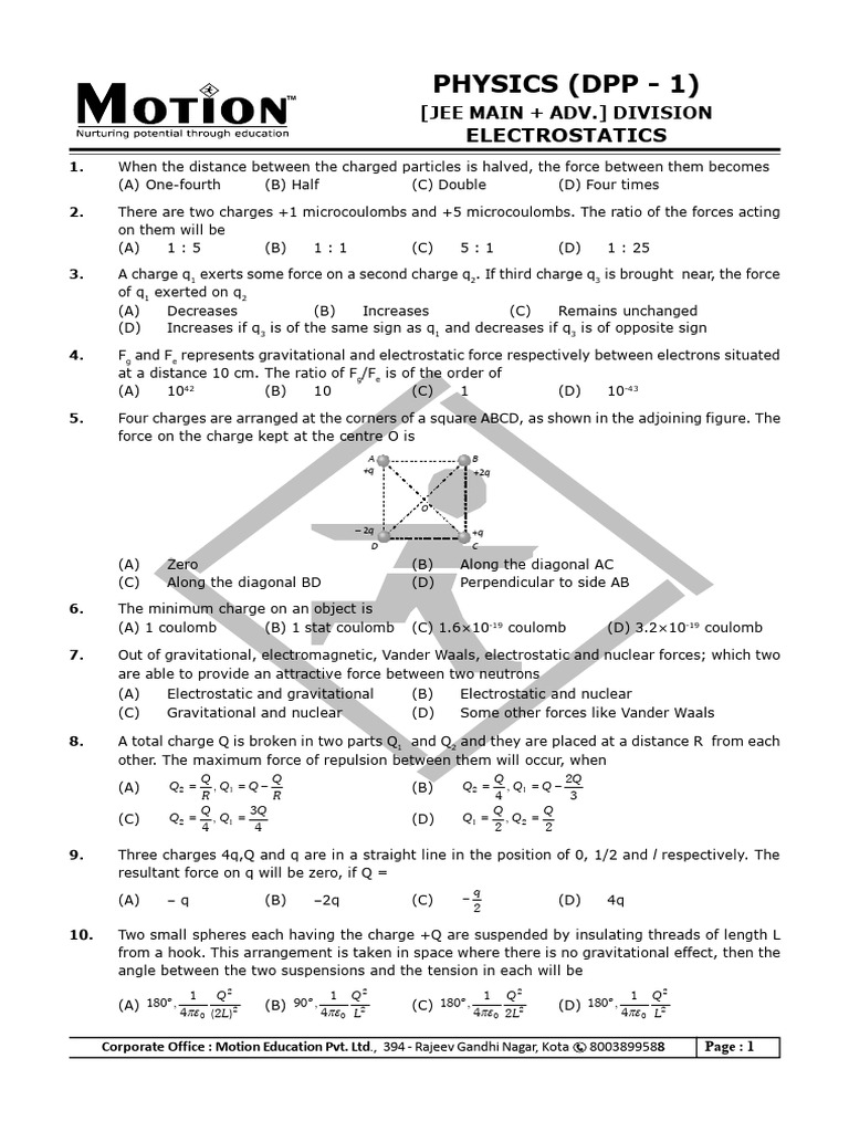 DPP-1 Electorstatics-1 Ques. @motion Lectures | PDF | Force | Mechanics
