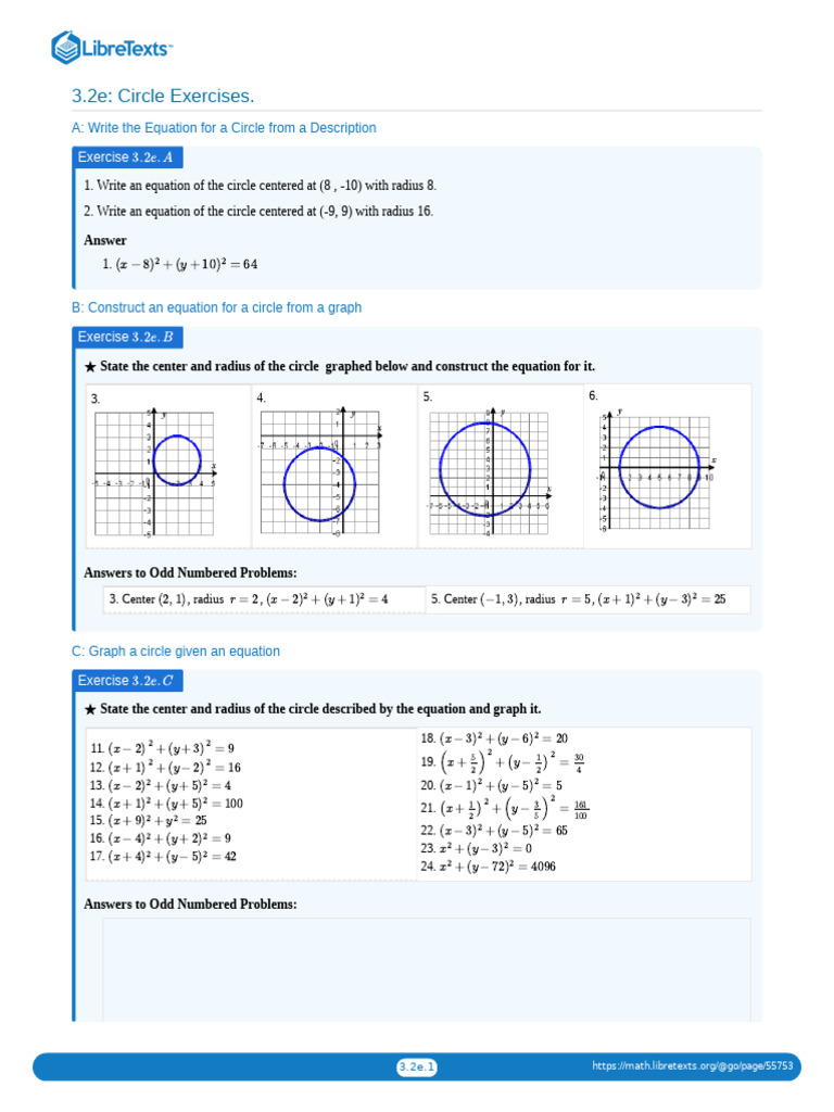 Circle Equation and Graph Exercises | PDF | Ellipse | Radius