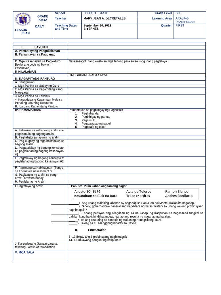 Ap DLP Lingguhang Pagsusulit Sept 30 | PDF