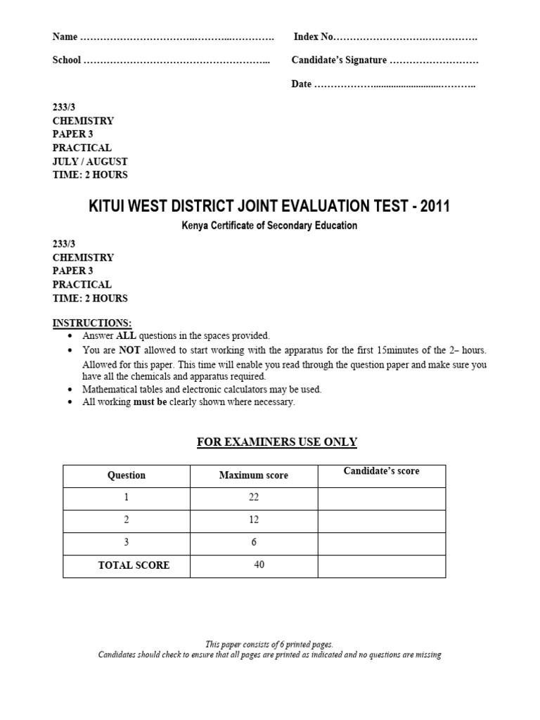 2011 Kitui West District Chemistry Paper 3 | PDF | Titration | Chemistry