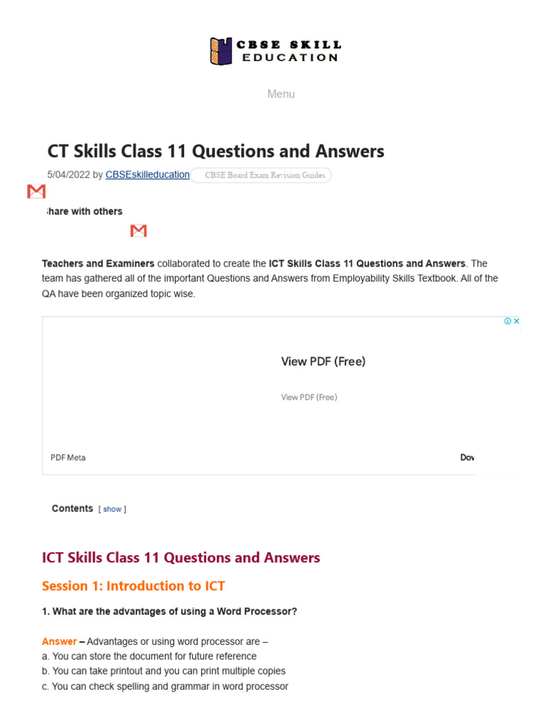 ICT Skills Class 11 Q&A Guide | PDF | Microsoft Word | Word Processor